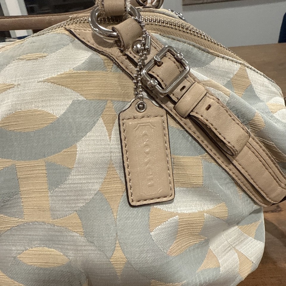 COACH Madison Satchel Blue Beige Signature C Fabric Leather Trim ...
