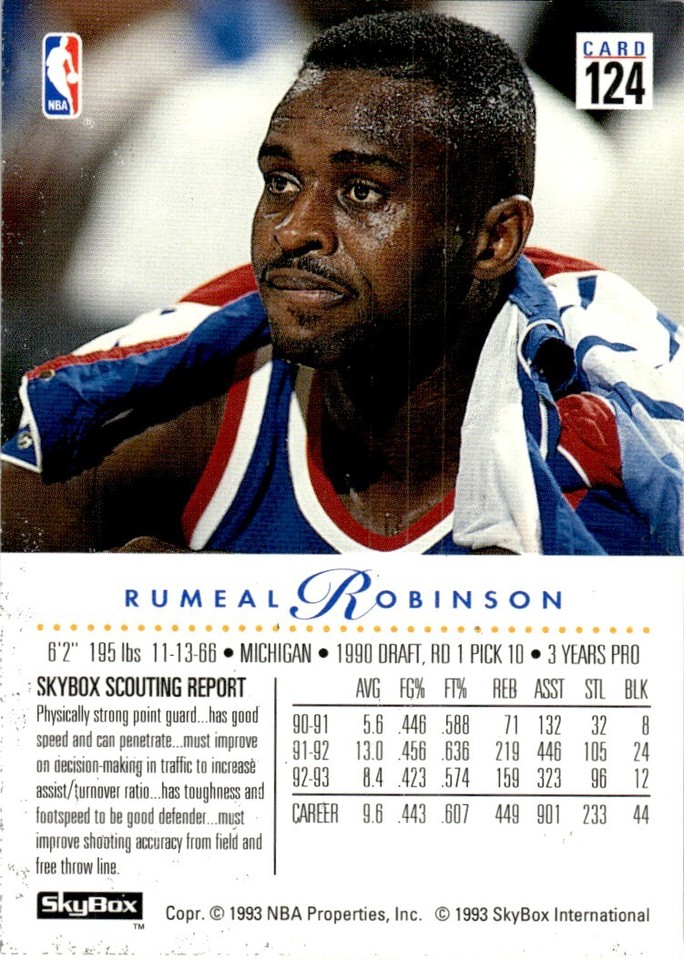 1993-94 SkyBox Basketball Card Rumeal Robinson New Jersey Nets #124 | eBay