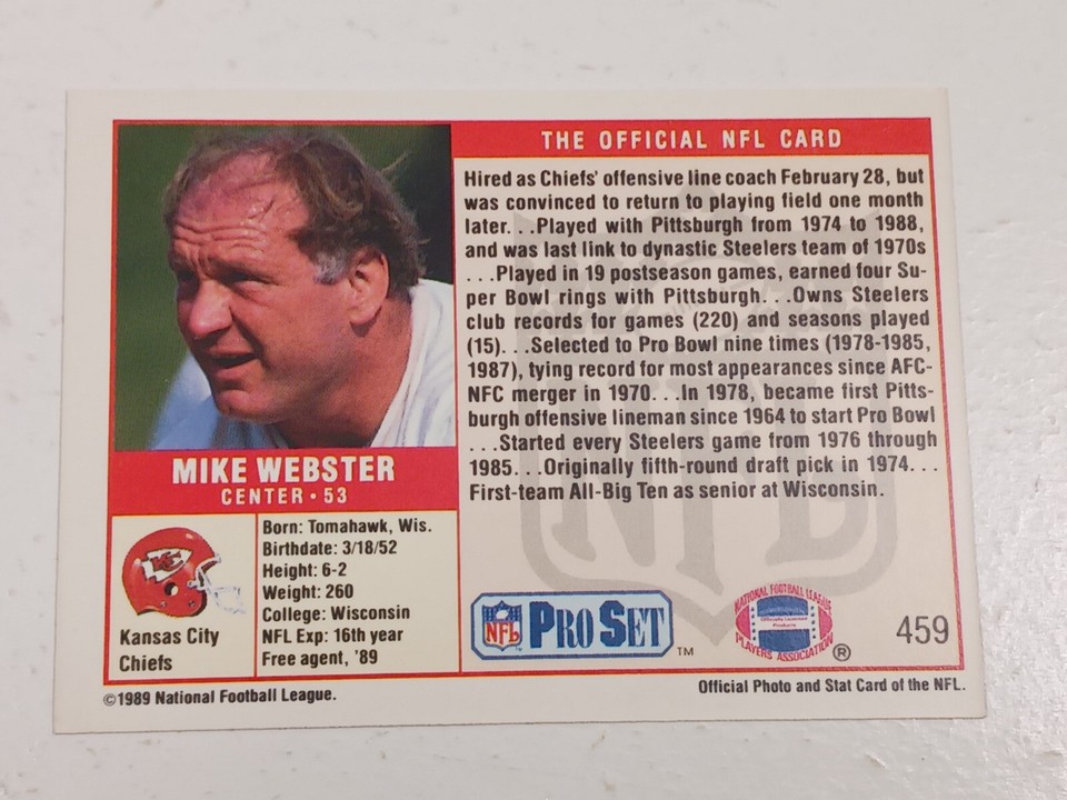 Mike Webster Kansas City Chiefs 1989 Pro Set Card #459 | eBay