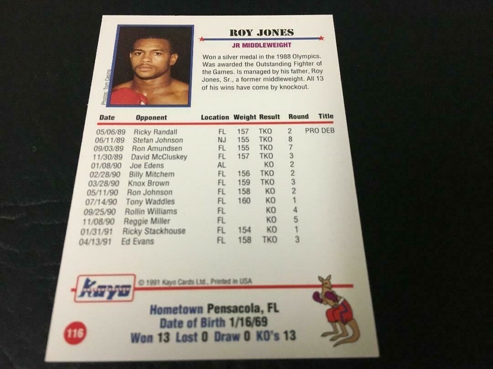 ROY JONES JR. 1991 Kayo Card #116 ROOKIE Card Boxing RC Jr Middleweight ...