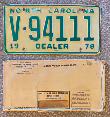 North Carolina 1978 DEALER License Plate WITH ENVELOPE # V-94111 | eBay