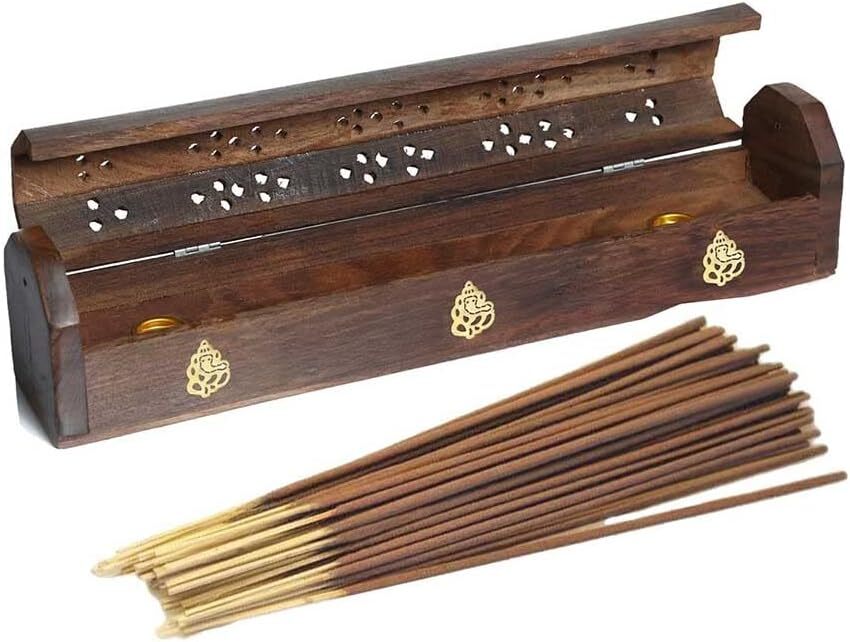 WOODEN INCENSE STICK HOLDER BURNING JOSS INSENCE BOX WITH 20 INCENCE ...