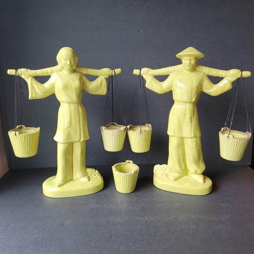 Large Vintage Gonder Pottery Asian Man and Woman Carrying Water Buckets ...