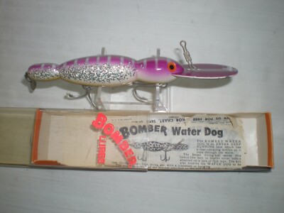 Vintage Bomber Water Dog Lure ~5.5" w Box, paper - PURP BK / YLW BELLY ...