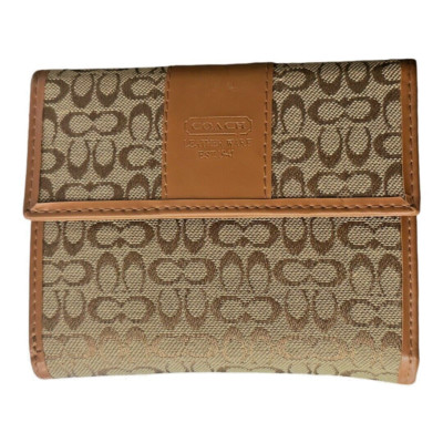Tan & Brown COACH Signature Canvas Tri-Fold Wallet with Tan Interior | eBay