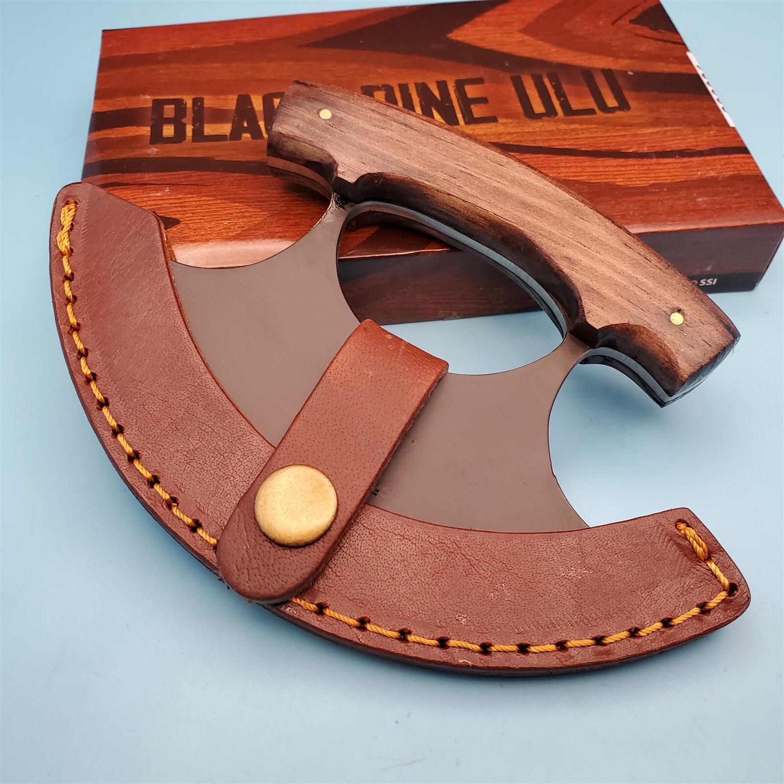 Ulu Knife Fixed Black Blade Full Tang Wood Handle Custom Leather ...