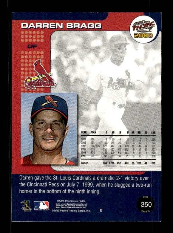 DARREN BRAGG SIGNED 2000 PACIFIC #350 ON-CARD AUTO - ST. LOUIS ...
