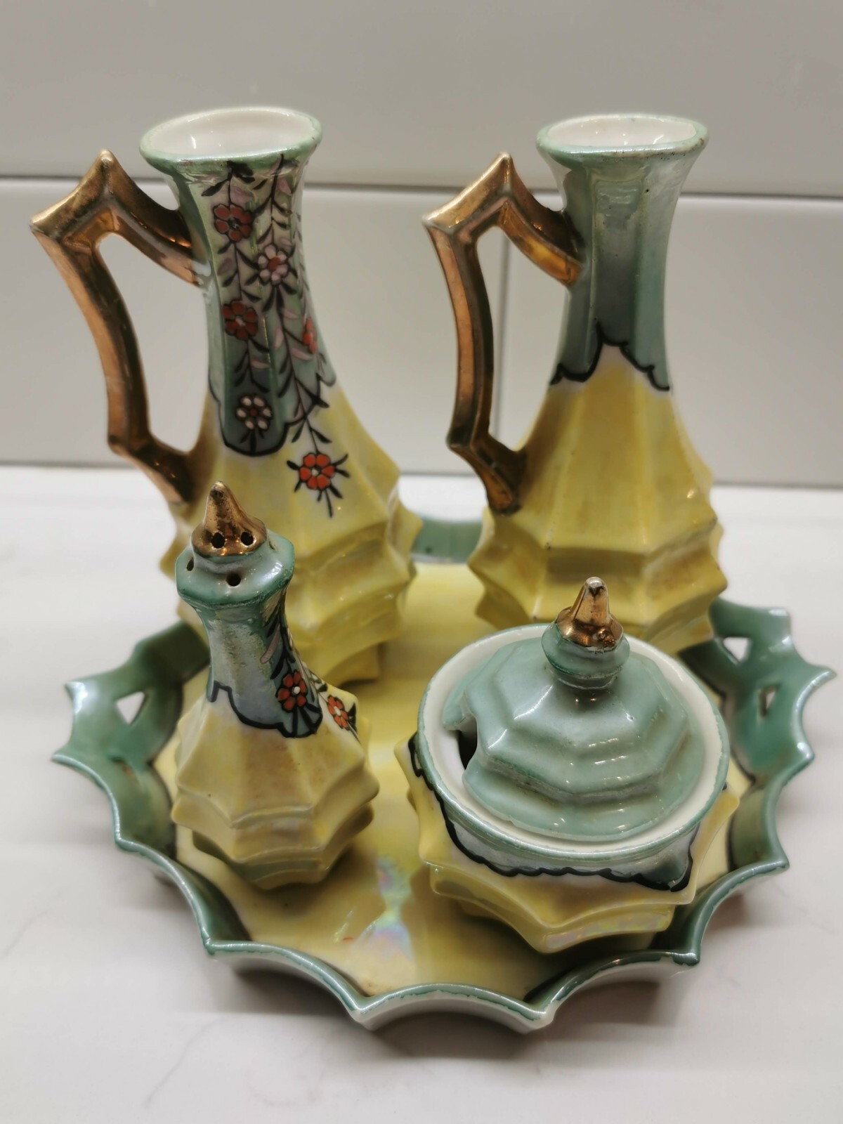 Vintage Japan Lusterware 6 Piece Cruet Set Pagoda Set Green Yellow Tray ...
