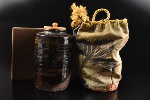 U8019: Japanese Old Seto-ware TEA CADDY Chaire Container w/Shifuku w ...