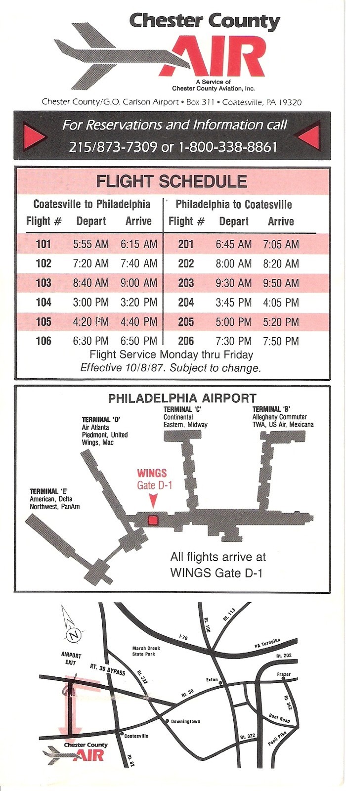 CHESTER COUNTY AIR COMMUTER SYSTEM TIMETABLE OCTOBER 8, 1987 VG+ RARE ...