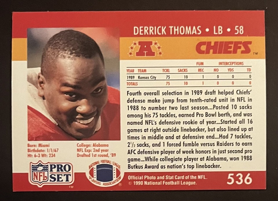 (3) 1990 PRO SET DERRICK THOMAS #536 HOF 2ND YEAR KANSAS CITY CHIEFS 1 ...