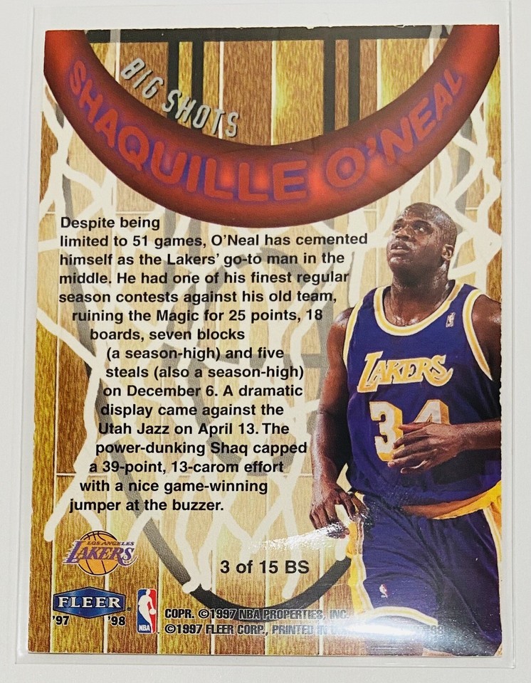 1997-98 Fleer Big Shots Shaquille O’Neal Shaq #3 NBA Los Angeles Lakers ...