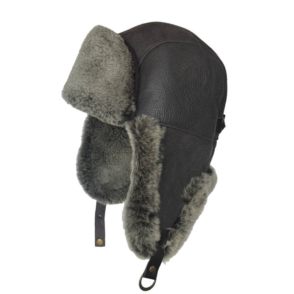 Genuine Shearling Sheepskin Trapper Hat Ushanka Aviator Cap Winter Fur ...