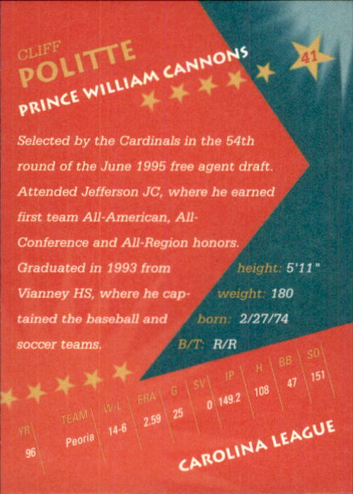 1997 California/Carolina League All-Stars Team Issue #41 Cliff Politte ...