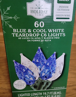Holiday Time 60 Blue and Cool White Teardrop LED C6 Lights New | eBay