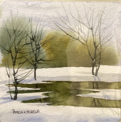 4x4” Original Pamela Wilhelm Watercolor Green Pond Winter Snow & Trees ...