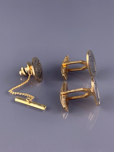 Christensen Family Crest Cufflinks Tie Pin Gold Tone Axes Moon Military ...