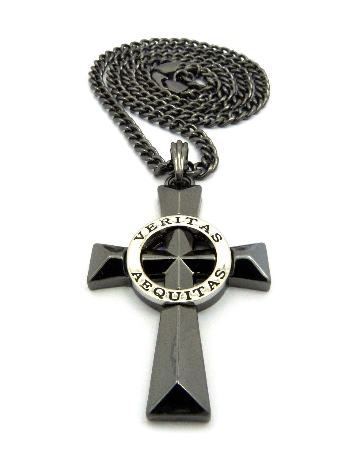 MENS VERITAS AEQUITAS CROSS BOONDOCK SAINTS PENDANT CHARM CUBAN CHAIN ...