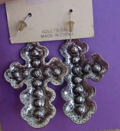 Large Silver Tone Cross Earrings With Rhinestones | eBay