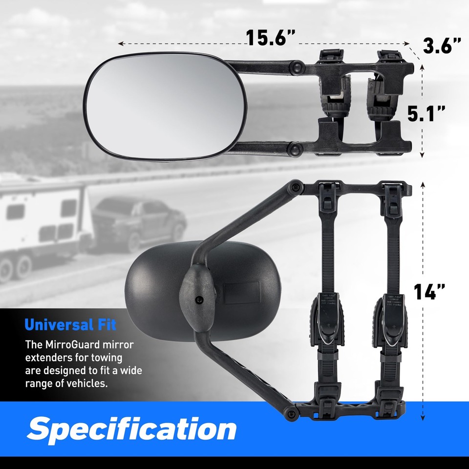 Extended Towing Mirrors, Universal Clip-On for Pickups RVs Trailers Tow ...