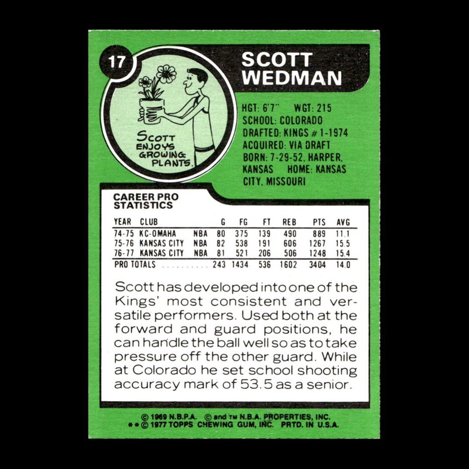 Scott Wedman 1977-78 Topps Kansas City Kings #17 Great Condition ...