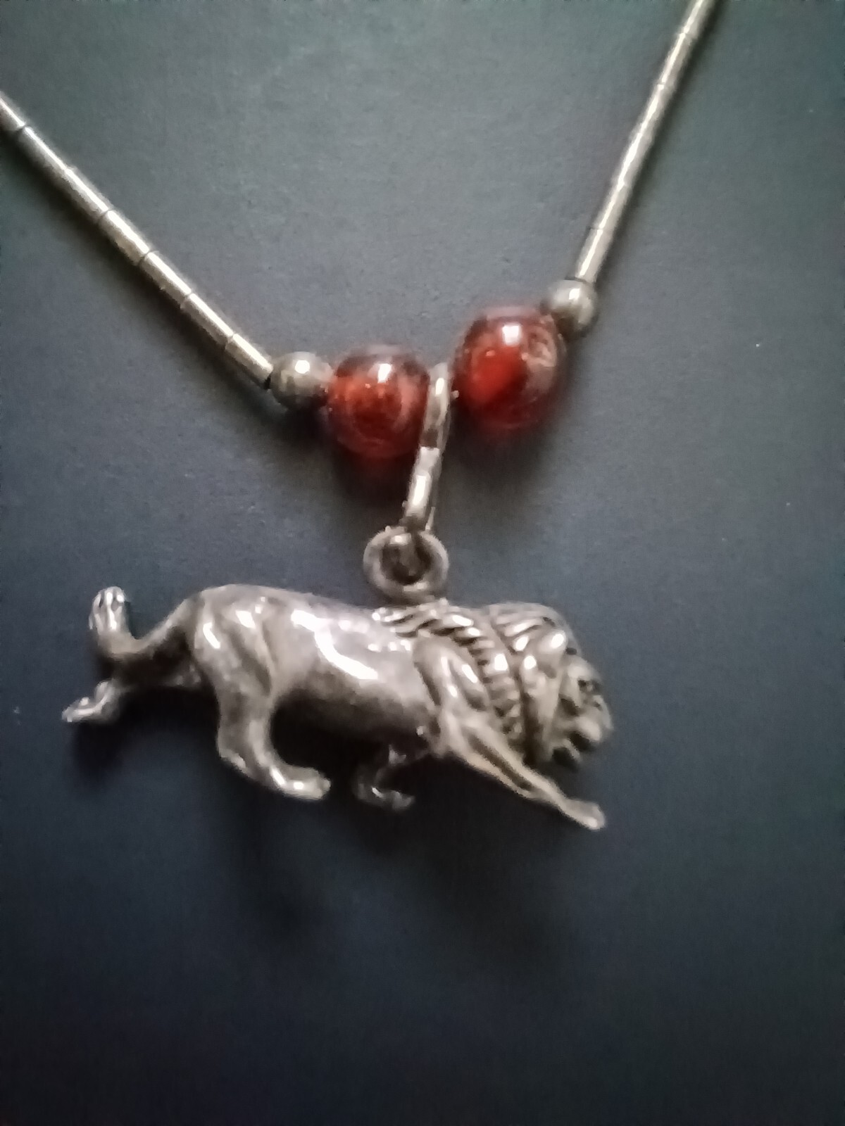 Vintage Sterling Silver Lion Pendant & Red Glass Bead… - Gem