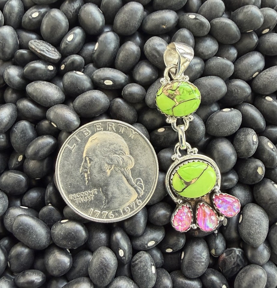 Sterling Silver Native American SW Kingman Lime Green Dahlia & Pink ...