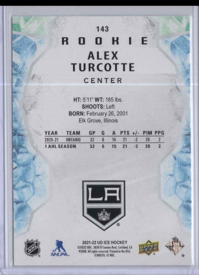 2021-22 ALEX TURCOTTE UPPER DECK ICE ROOKIE RC | eBay