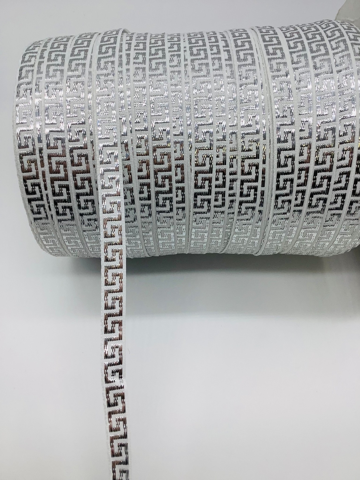 TRIMPLACE Woven Greek Key 7/16 Inch Dobby White/Silver Ribbon-15 Yards ...