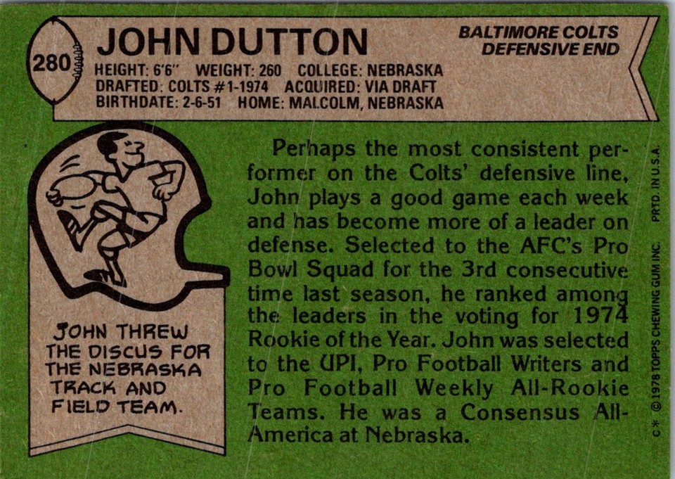 1978 Topps John Dutton #280 Baltimore Colts Football Card | eBay