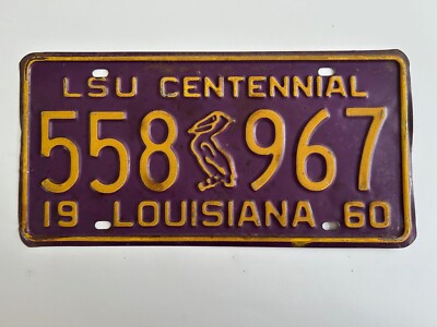 1960 Louisiana License Plate LSU Centennial Louisiana State Univ Colors ...