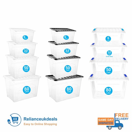 Plastic Storage Boxes With CLIP Lids Black Clear Home Office Kitchen ...