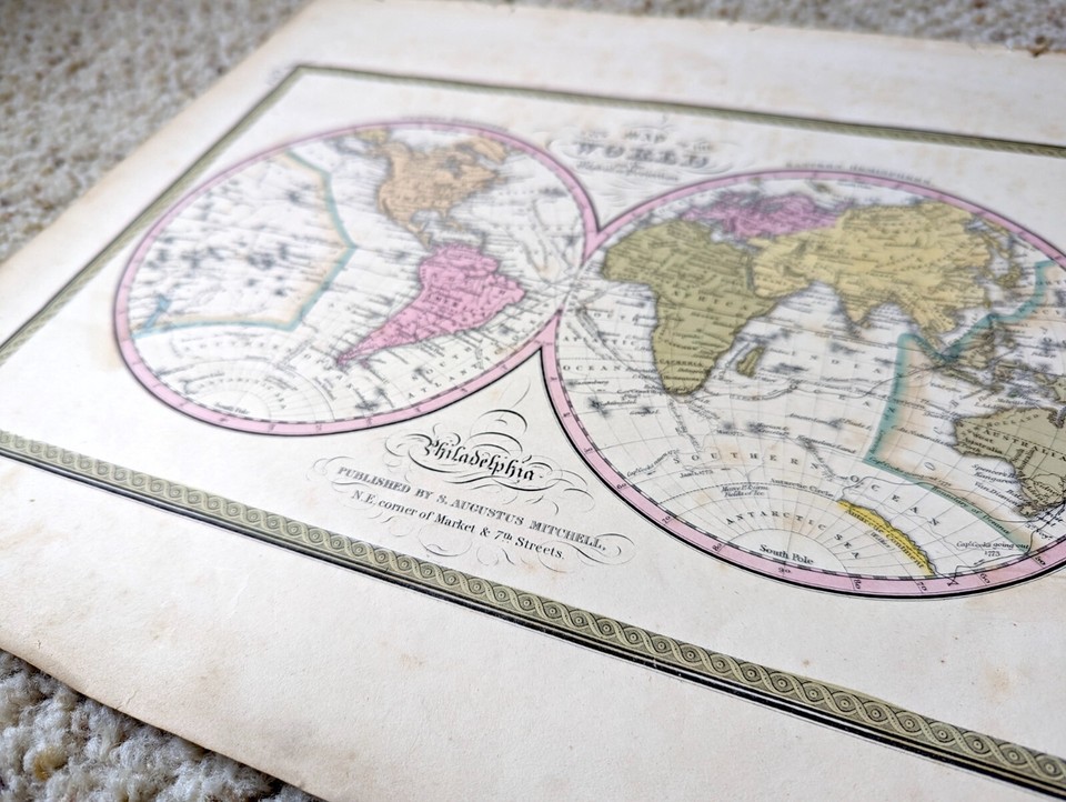 1849 Vintage ORIGINAL Antique World Map Mitchell Atlas 14" x 17.5" for ...