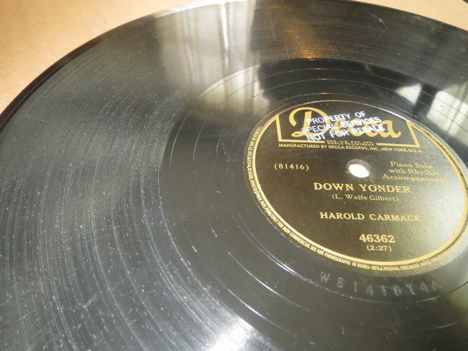 78RPM Decca 46362 Harold Carmack, Margie / Down Yonder, clean medium V ...