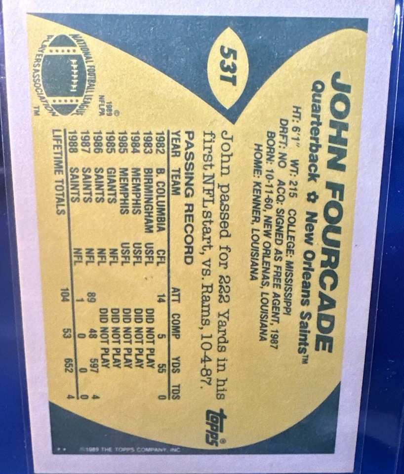1989 Topps Traded John Fourcade Rookie New Orleans Saints #53T ...