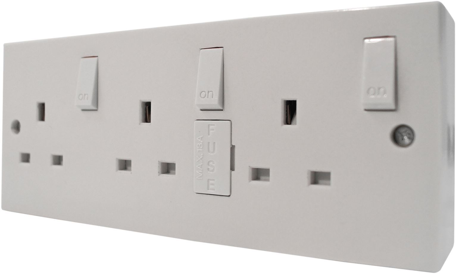 3 Gang Switched Fused Mains Outlet 13 Amp Wall Plug Socket C/W Surface ...