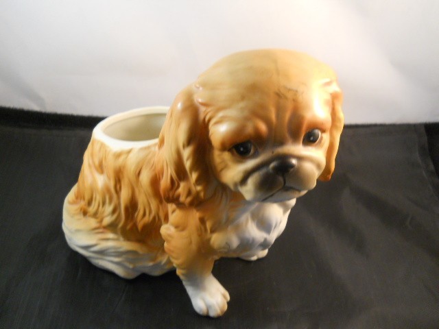 VINTAGE WHITE & BROWN PORCELAIN PEKINGESE DOG PLANTER | eBay