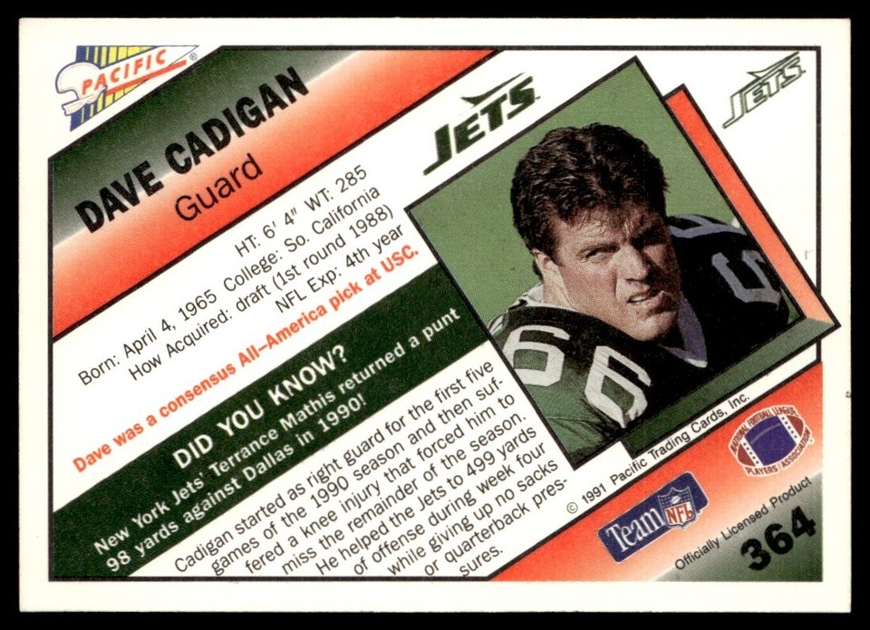 1991 Pacific Dave Cadigan New York Jets #364 | eBay