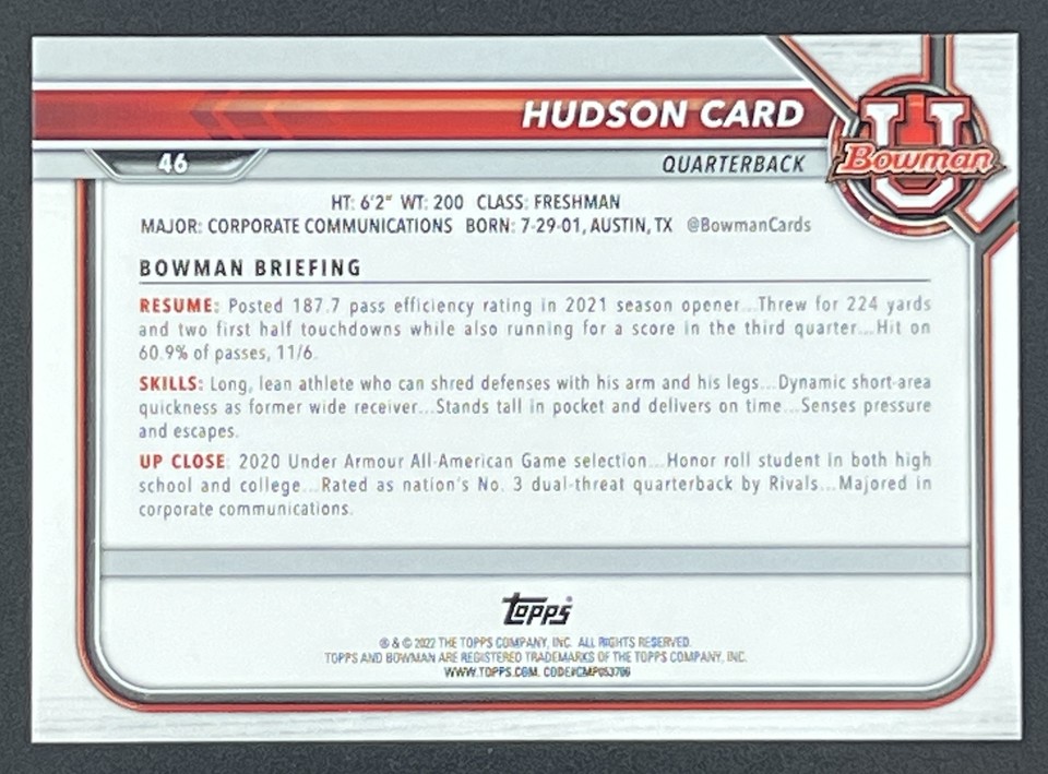 HUDSON CARD 2022 Bowman U #46 Texas Longhorns | eBay