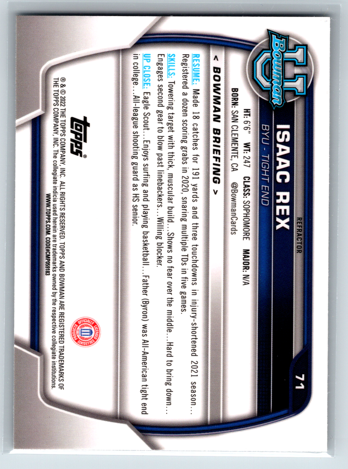 Isaac Rex 2022 Bowman Chrome University Refractor #71 BYU Cougars | eBay