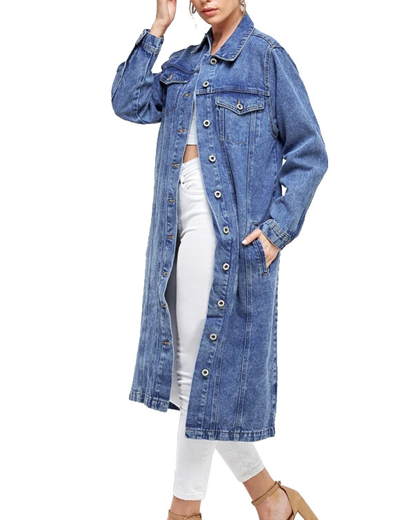 Women's Long Casual Maxi Length Denim Cotton Coat Oversize Button Up ...