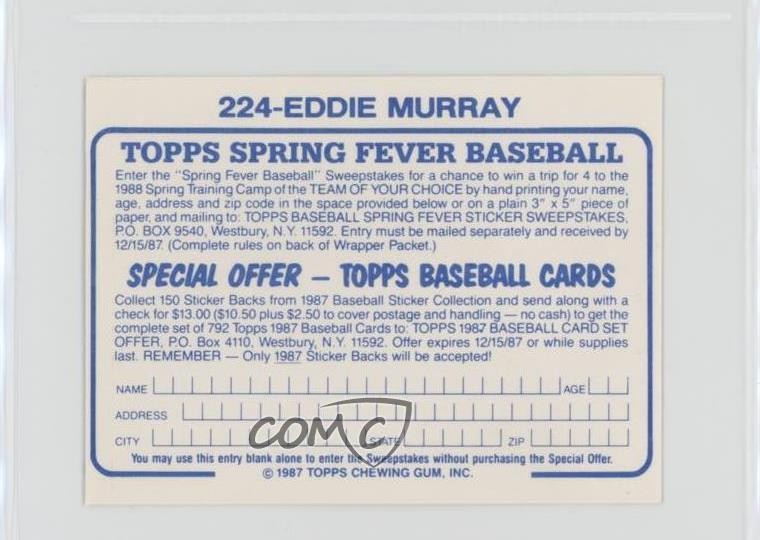 1987 Topps Album Stickers Test Issue Hard Back Eddie Murray #224 HOF ...