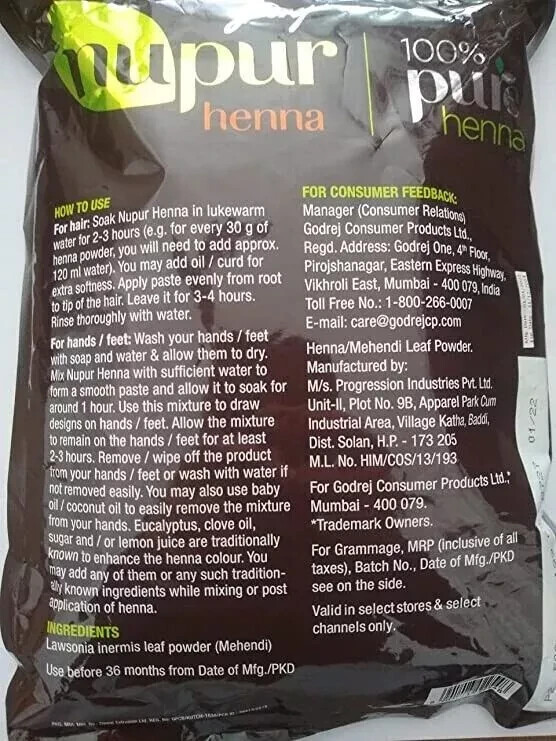 Godrej Nupur Henna Pure Mehndi Color Powder Herbal Dye Hair Colour 400g ...