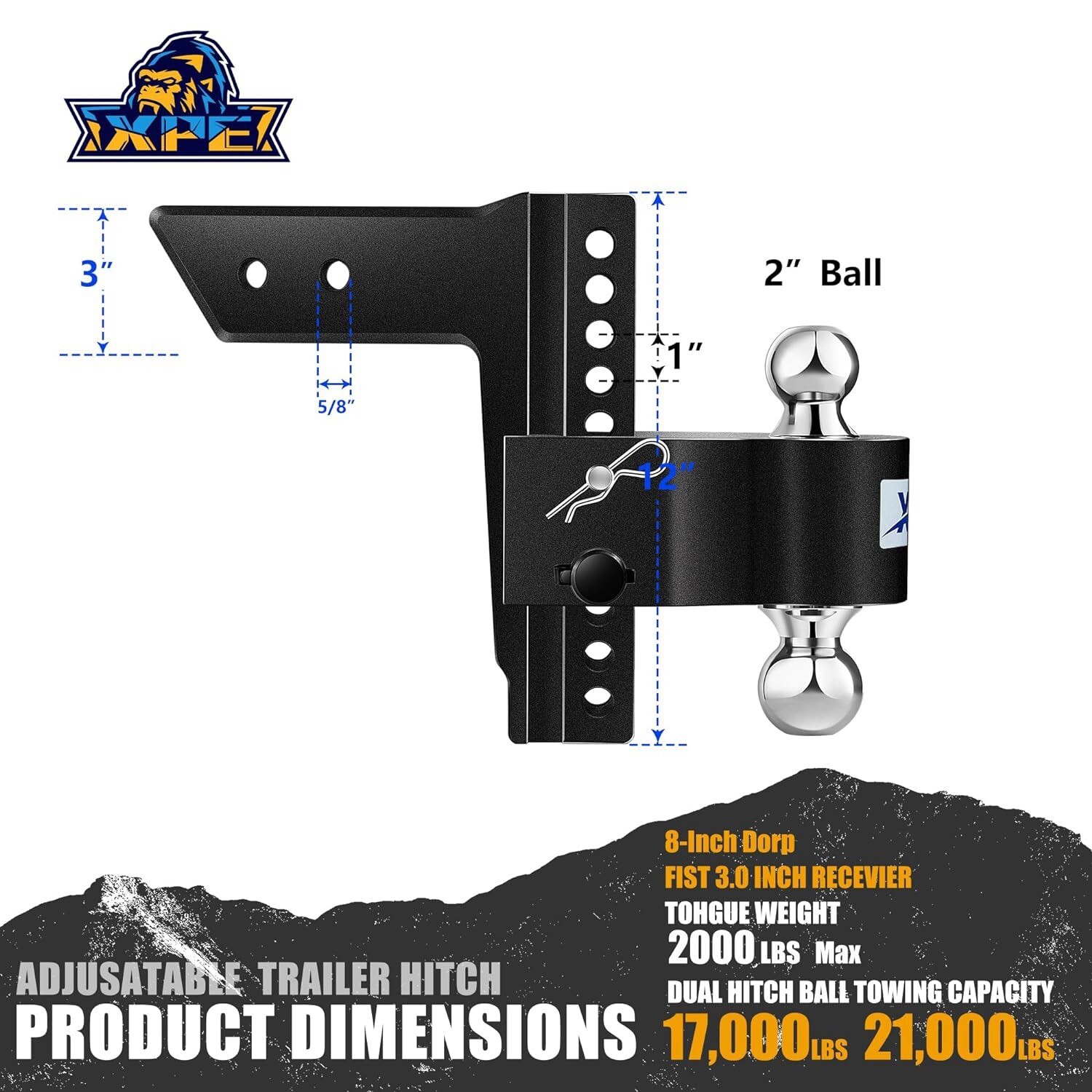 XPE 3" Receiver Adjustable Drop Hitch 8" Drop Rise Truck Hitch Black ...