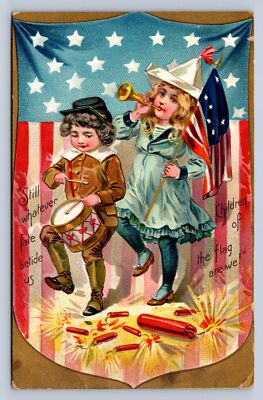 K3/ Patriotic Postcard c1910 Fourth of July 4th Kids March Flag ...