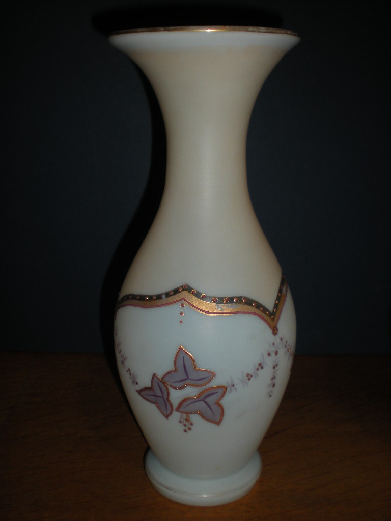 Antique Pair of Vases Hand Blown & Painted Milk Glass Pontil Scar Ivy ...