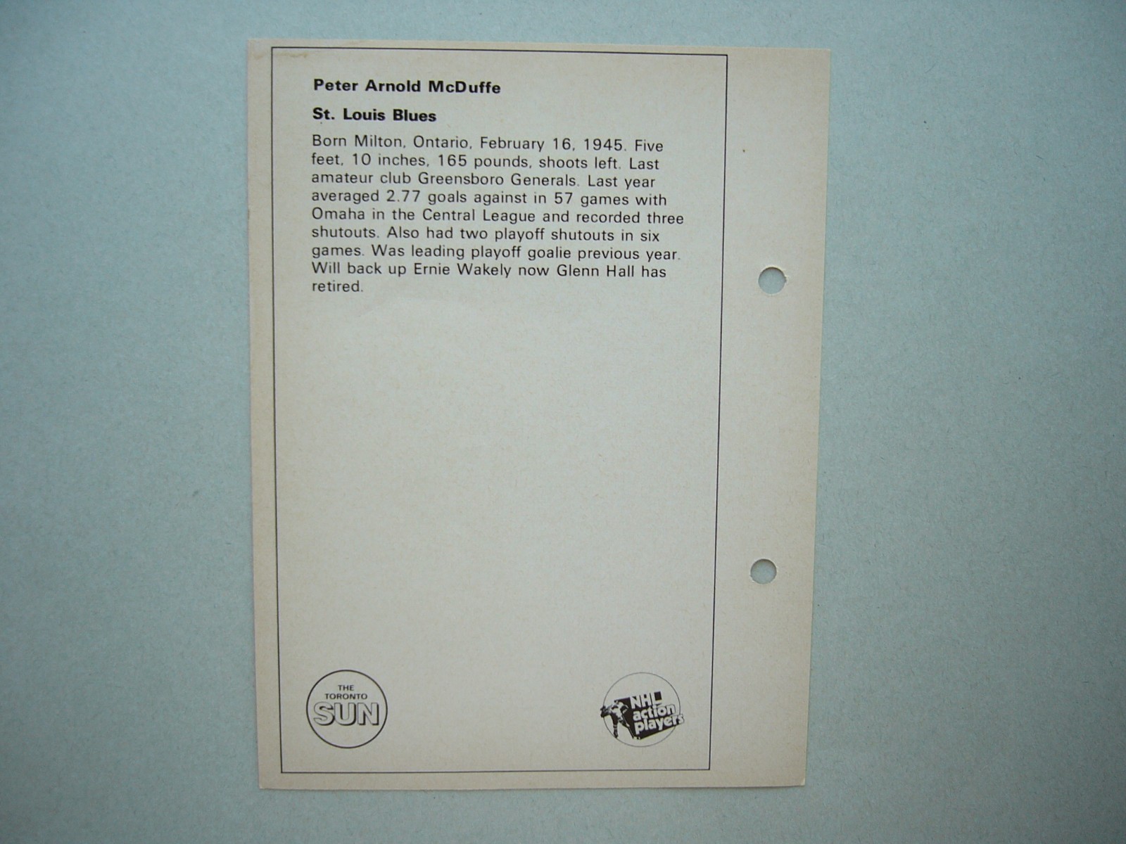 1971/72 TORONTO SUN NHL ACTION HOCKEY PHOTO PETER MCDUFFE ROOKIE SHARP ...