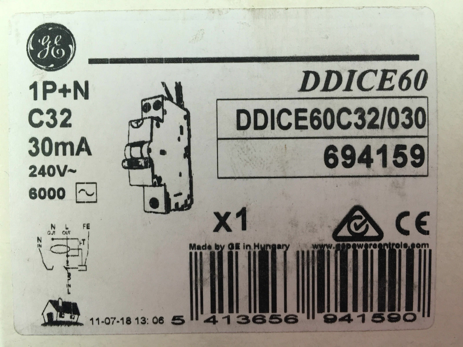 GE Compact RCBO RCD 32A 30mA 6kA 694159 1P+N C32 Curve Type AC ...