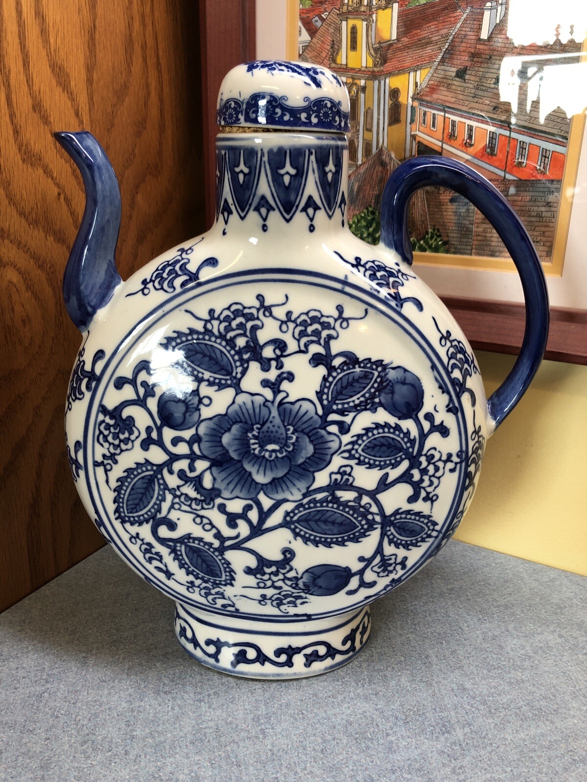 Vintage Asian Spout & Handled Ceramic Decanter w/ Lid Blue & White ...