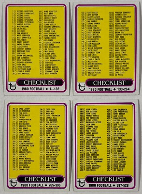 1980 Topps Football Checklist Set of 4 Unmarked Trading Cards 102 246 ...